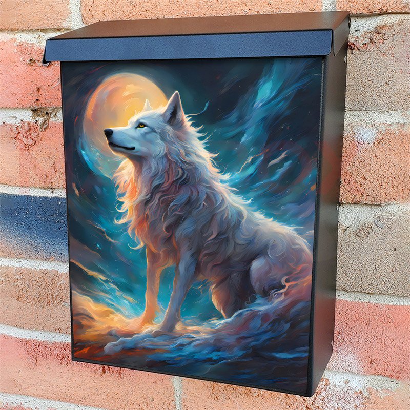 White Wolf and Full Moon Colonial Mailbox Cover • Mailbox Artist Canada